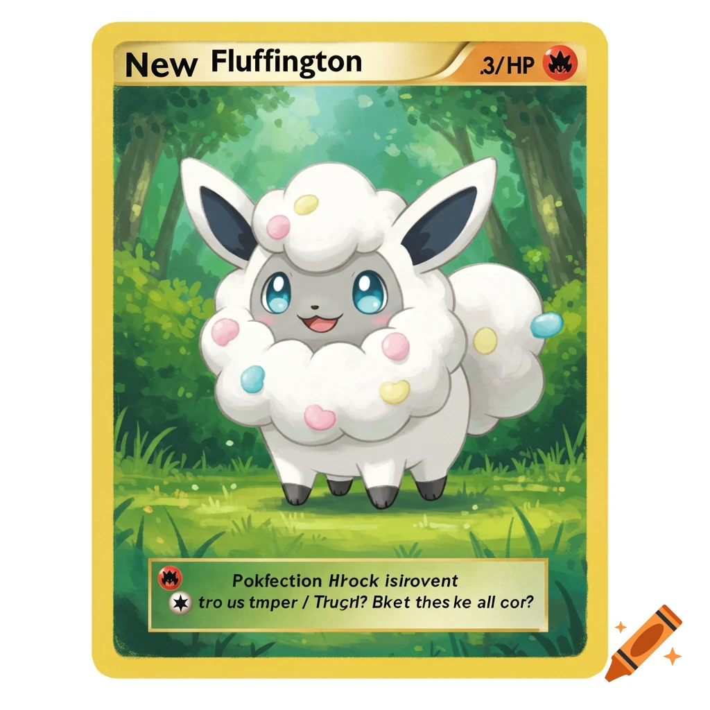 Cute fluffy monster on a trading card styled like Pokemon, in a forest ...