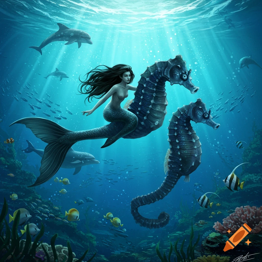 Mermaid riding a seahorse illustration, fantasy art style. Image of a ...