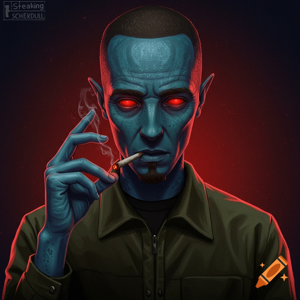 Avatar with red eyes holding a lit joint, Breaking Bad meets Rick and ...