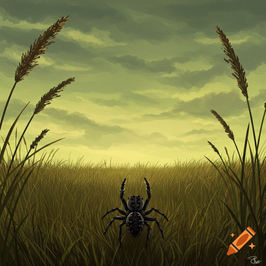 Spider on hill overlooking prairie with stormy sky on Craiyon