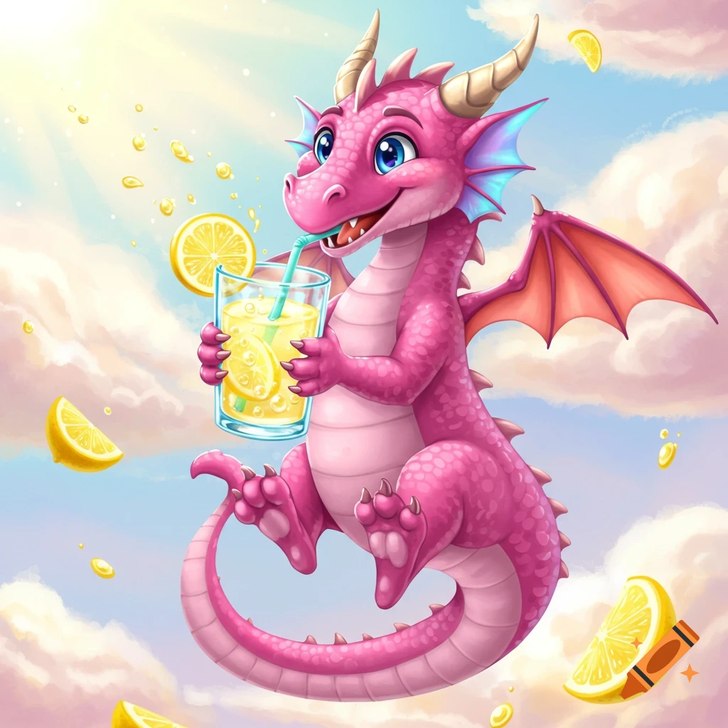 Pink flying dragon with lemonade on Craiyon