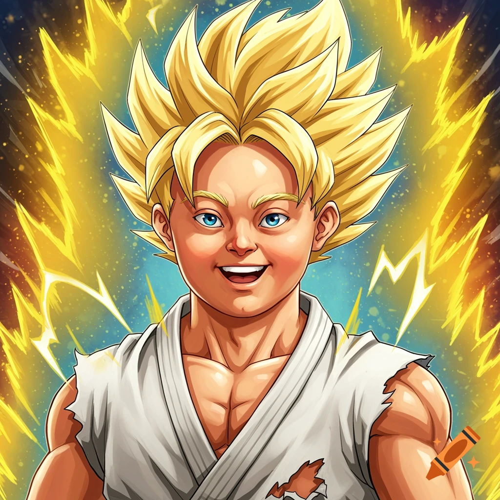 Down syndrome Super Saiyan anime illustration on Craiyon
