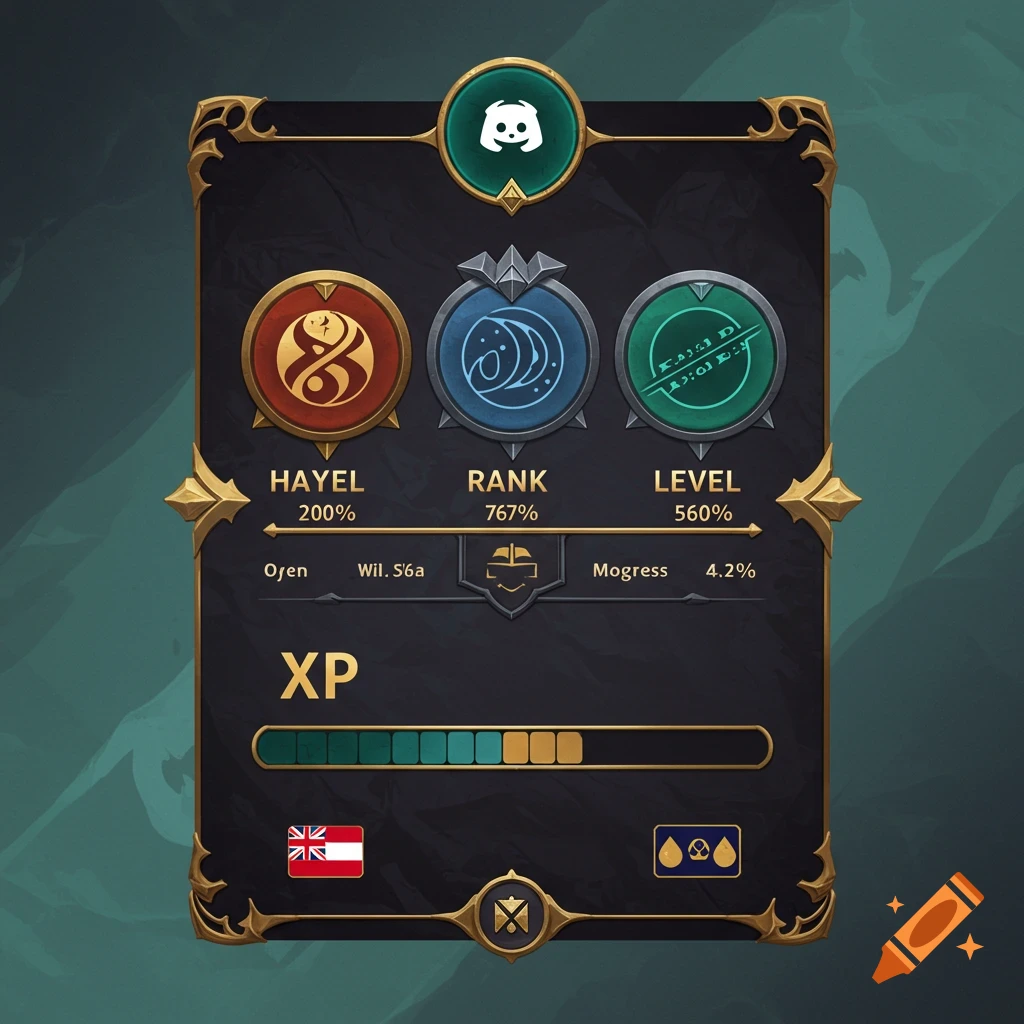 A graphic of a ranking card with user stats, XP progress bar, and flags ...