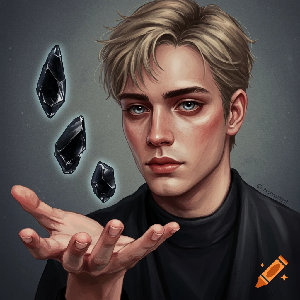 Illustration of a man holding floating black crystals. on Craiyon