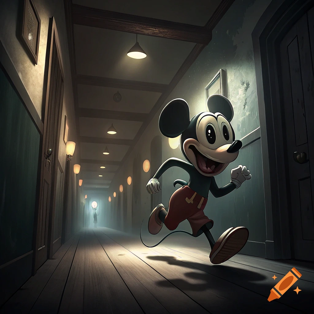 Cartoon Mickey Mouse runs down a dark, spooky hallway. on Craiyon