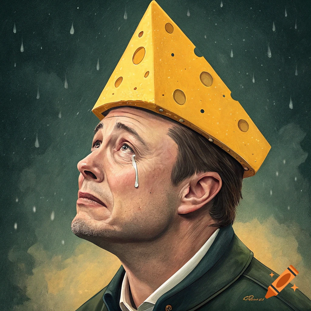 Elon Musk wearing a moldy cheesehead and frowning on Craiyon