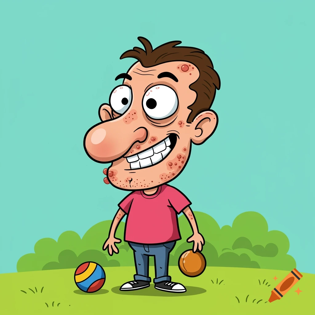 Cartoon man with spots on his face standing in a park with two balls ...