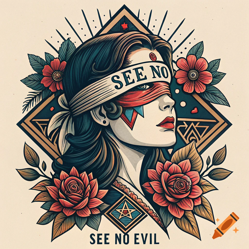 See no evil lady trad tattoo on Craiyon