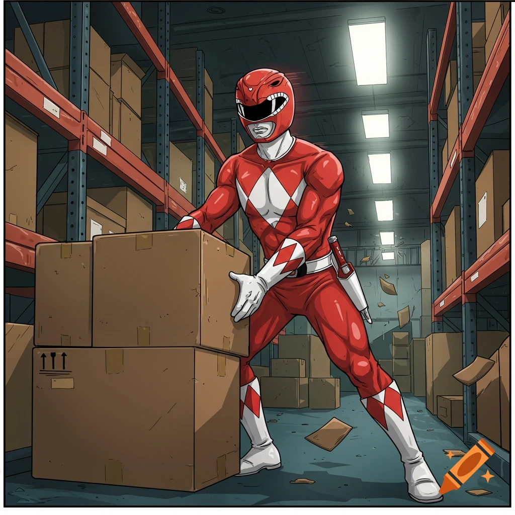A Red Power Ranger carries boxes in a warehouse, in a comic book art ...
