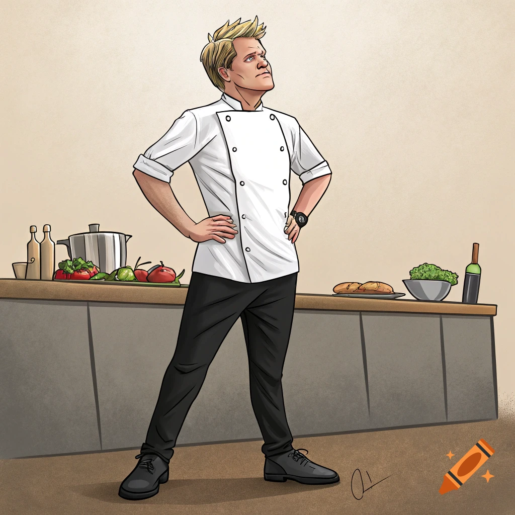 Cartoon illustration of a chef standing in a kitchen. on Craiyon