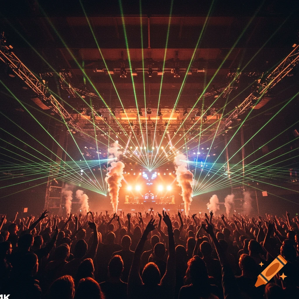 Crowd at concert with lasers and colorful stage, 4k on Craiyon