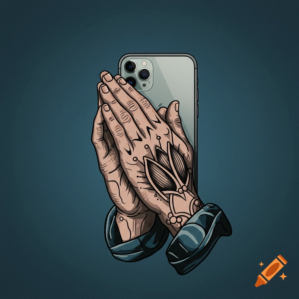 Traditional tattoo design of praying hands holding an iPhone 15 pro on ...