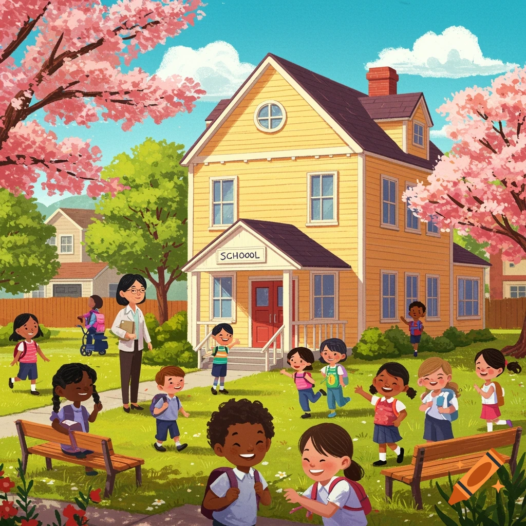A yellow schoolhouse in spring with cherry blossom trees, a teacher ...