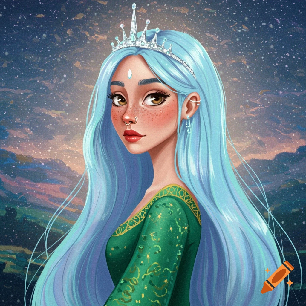 Queen with baby blue hair, freckles, and brown eyes on Craiyon