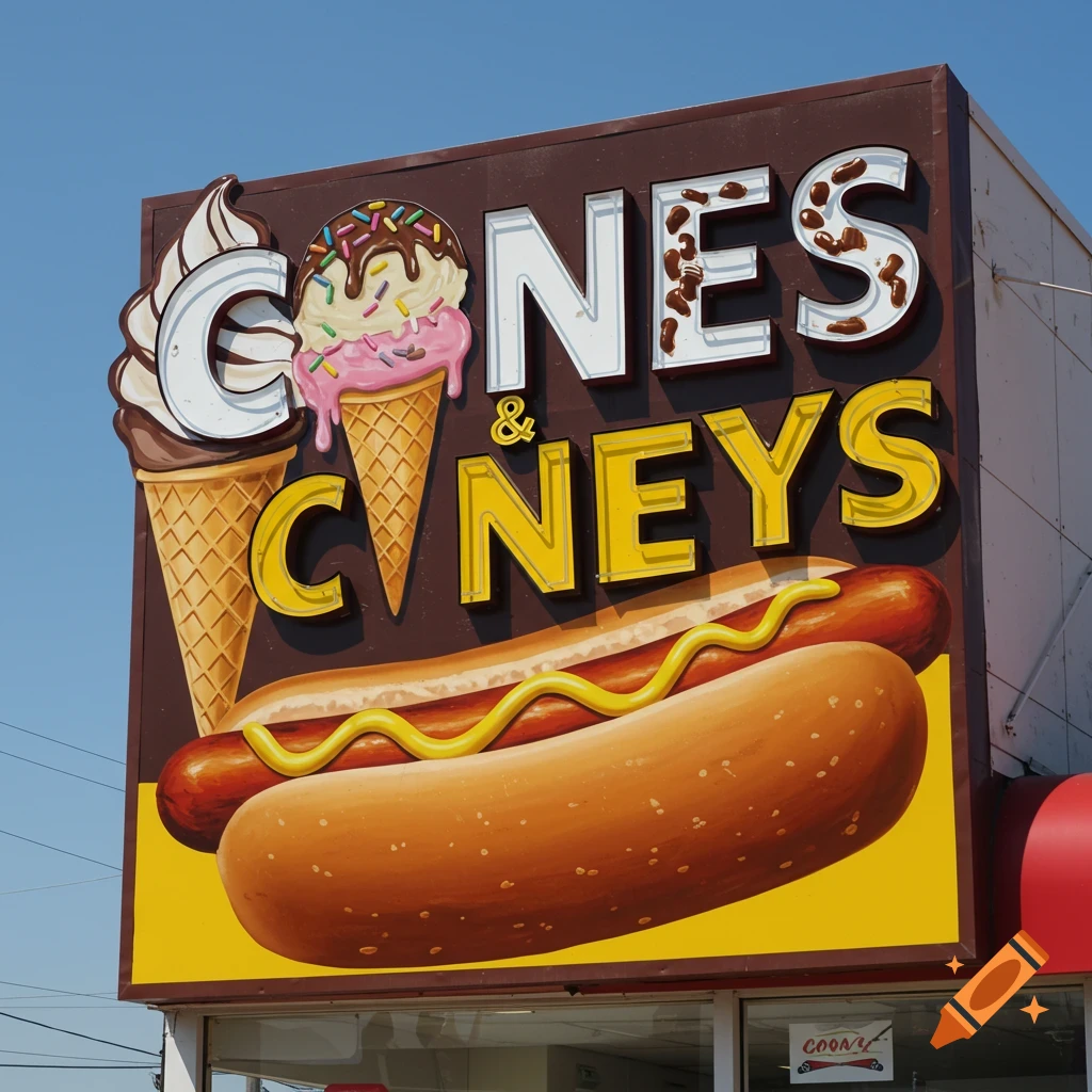 Restaurant sign for Cones & Coneys with chocolate syrup, ice cream cone ...