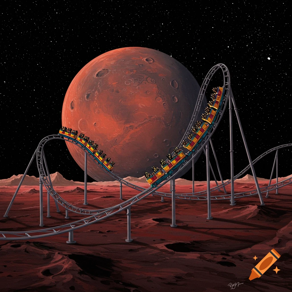 A roller coaster on a red planet surface with a large planet and stars ...