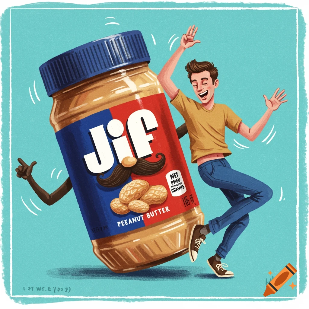 Man dancing with a JIF peanut butter jar with a goatee on Craiyon