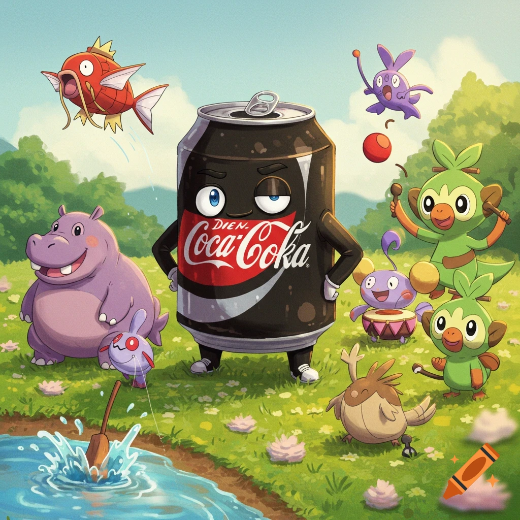 A Diet Coke can character stands with various Pokemon in a grassy field ...