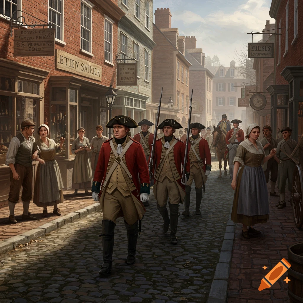 British soldiers patrolling streets, frustrated colonists on Craiyon