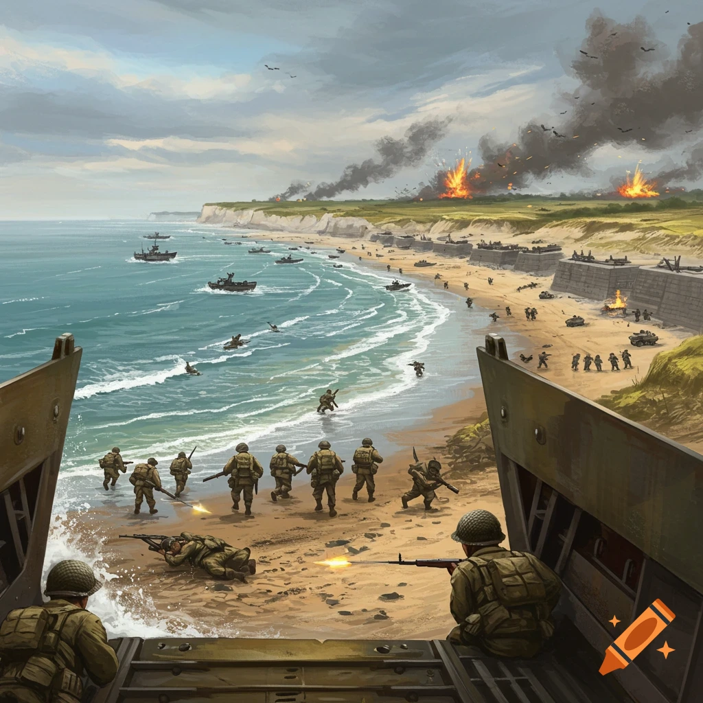 Military battle scene on a beach with soldiers, ships, aircraft, and ...