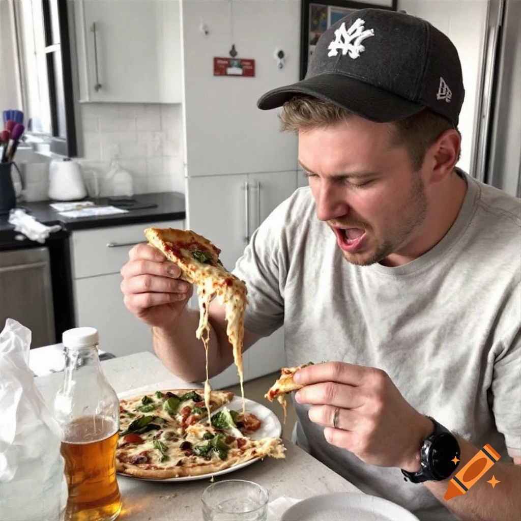 Man in a cap eating a very cheesy slice of pizza on Craiyon