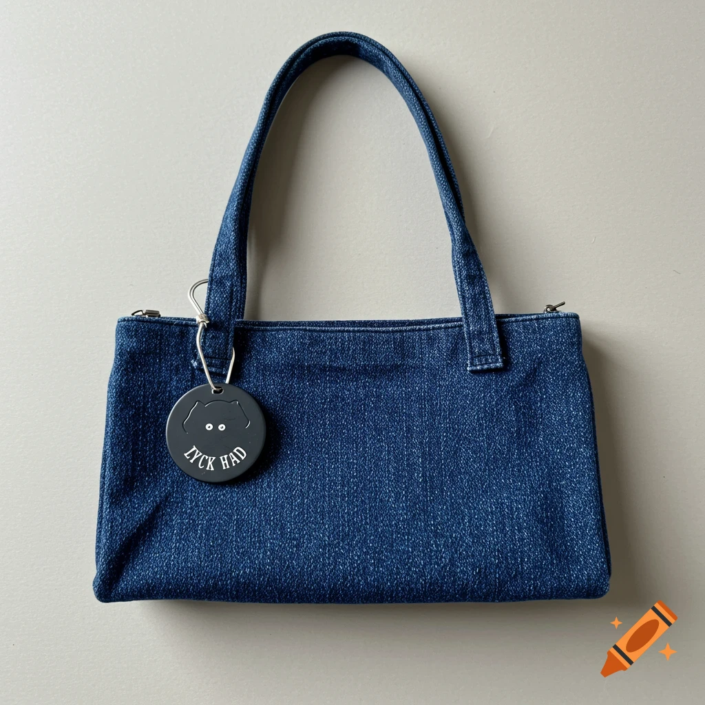A denim shoulder bag with a round black tag reading 'LYCK HAD' attached ...