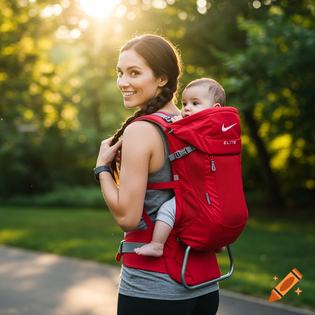 Woman carrying a baby in a red carrier outdoors on Craiyon