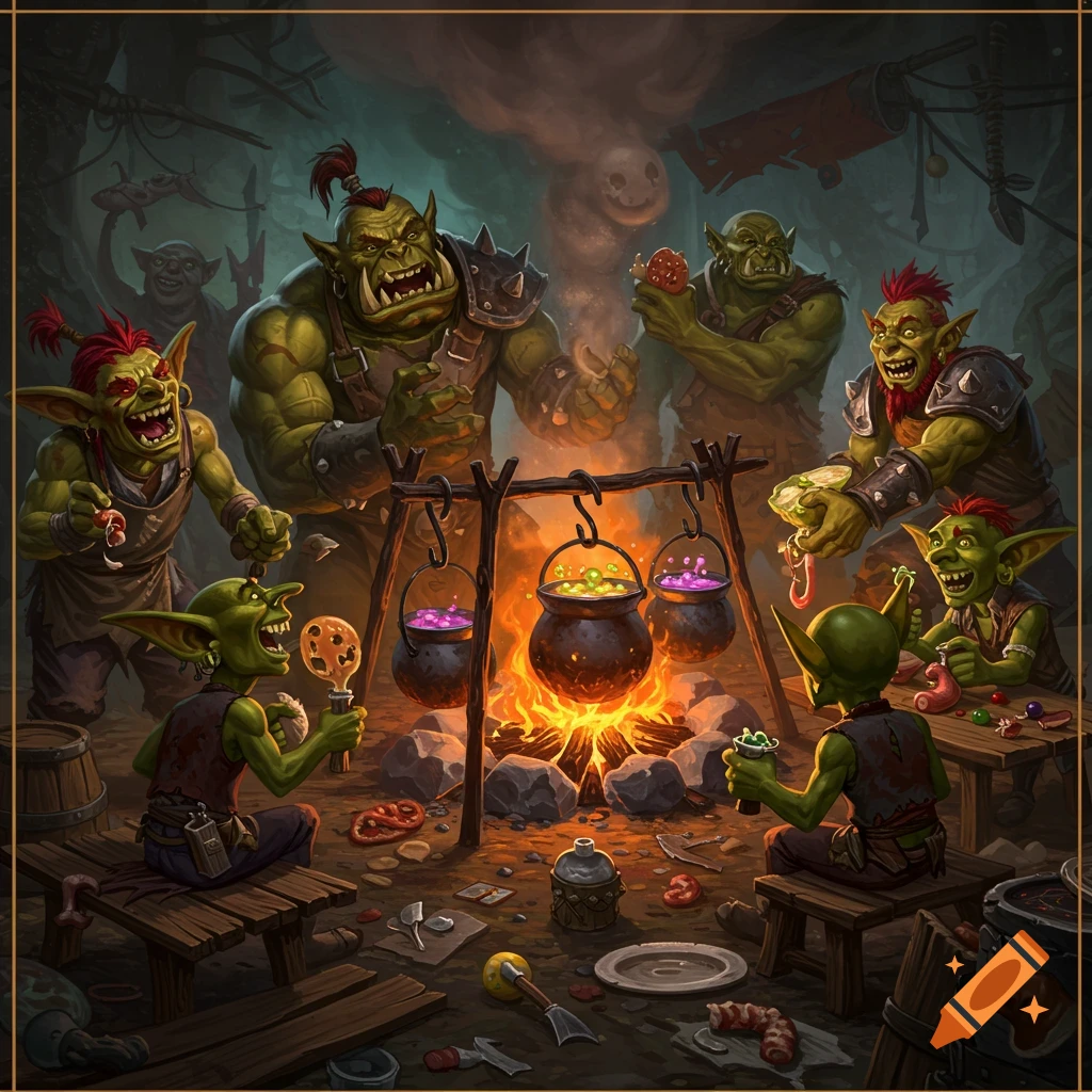 Fantasy illustration of goblins and orcs cooking over a campfire. on ...