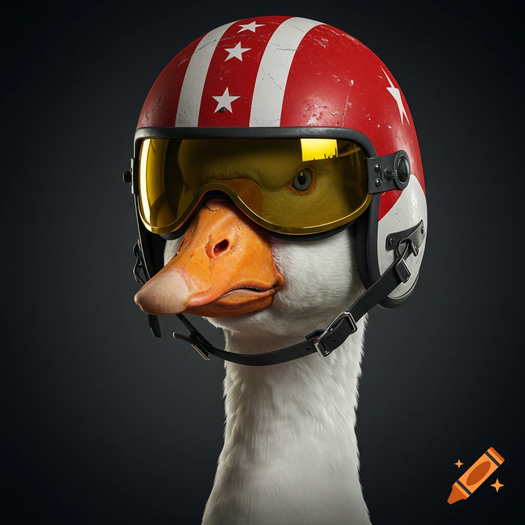 Cartoon portrait of an angry goose wearing a fighter pilot helmet on ...