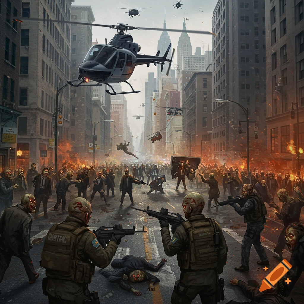 Soldiers fight zombies in a city street as helicopters fly overhead ...