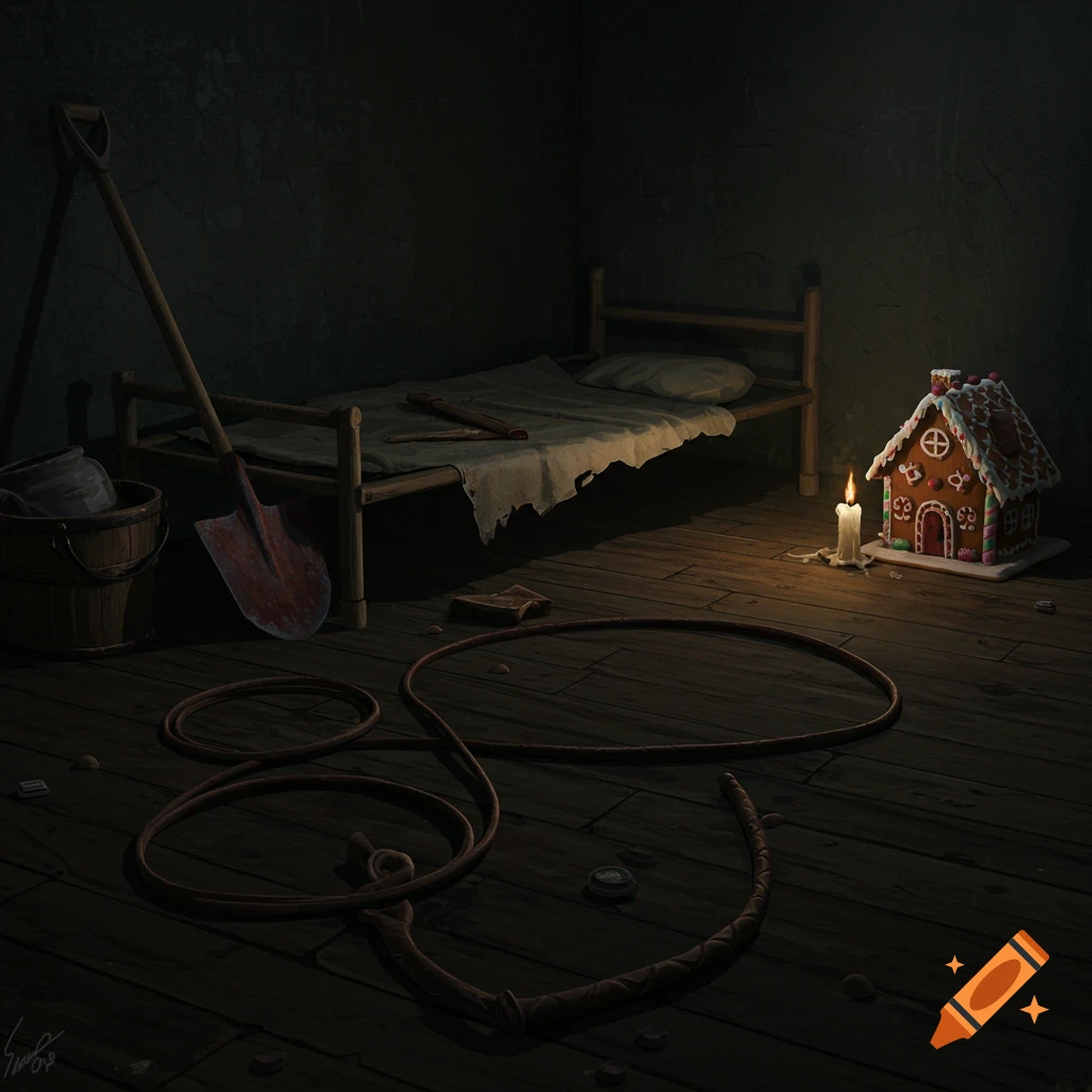 Dark empty room with cot, shovel, axe, whip, and gingerbread house on ...