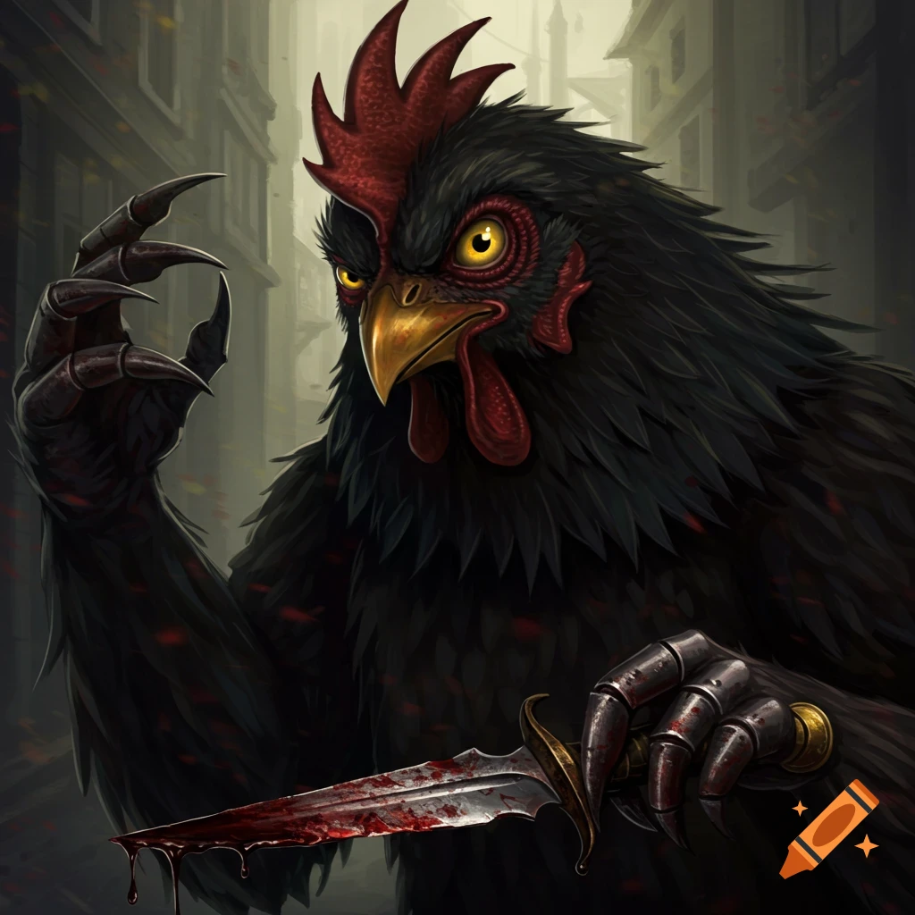 A menacing black chicken with red wattles holds a bloody dagger in a ...