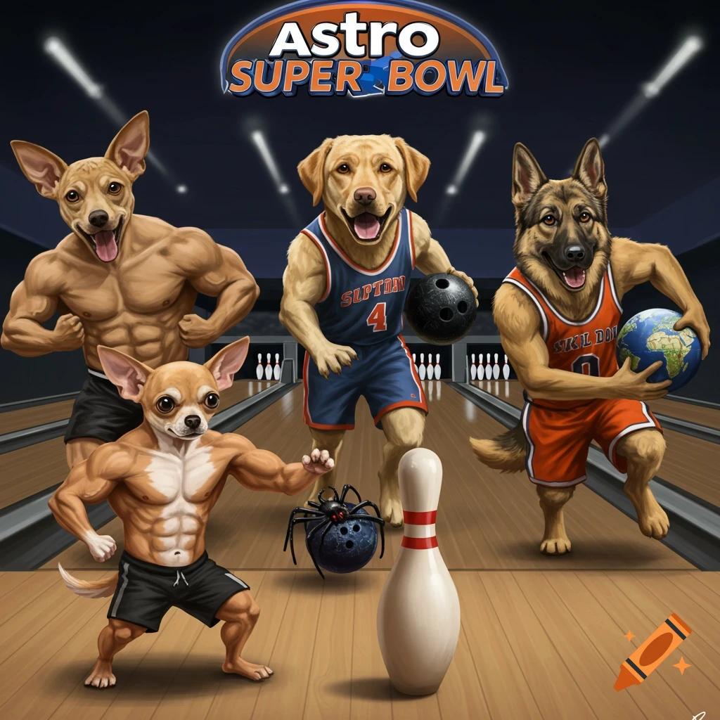 Dogs playing bowling at Astro Super Bowl on Craiyon