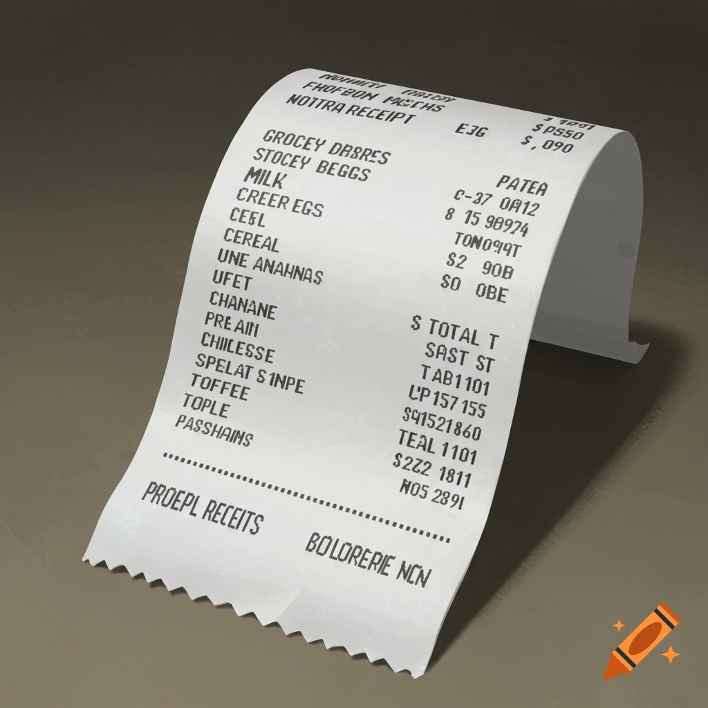 Grocery store receipt with household items on Craiyon