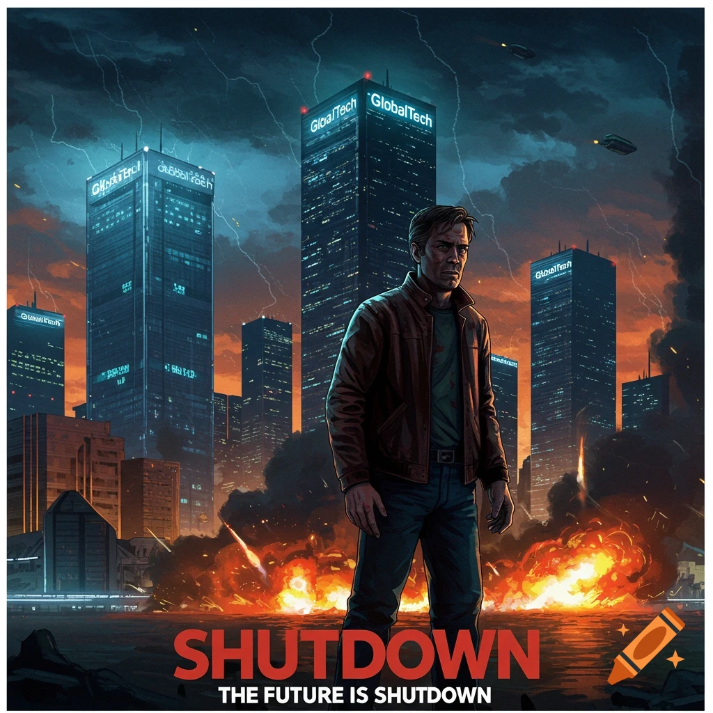 Movie poster for Shutdown, a tech corporation takeover film on Craiyon