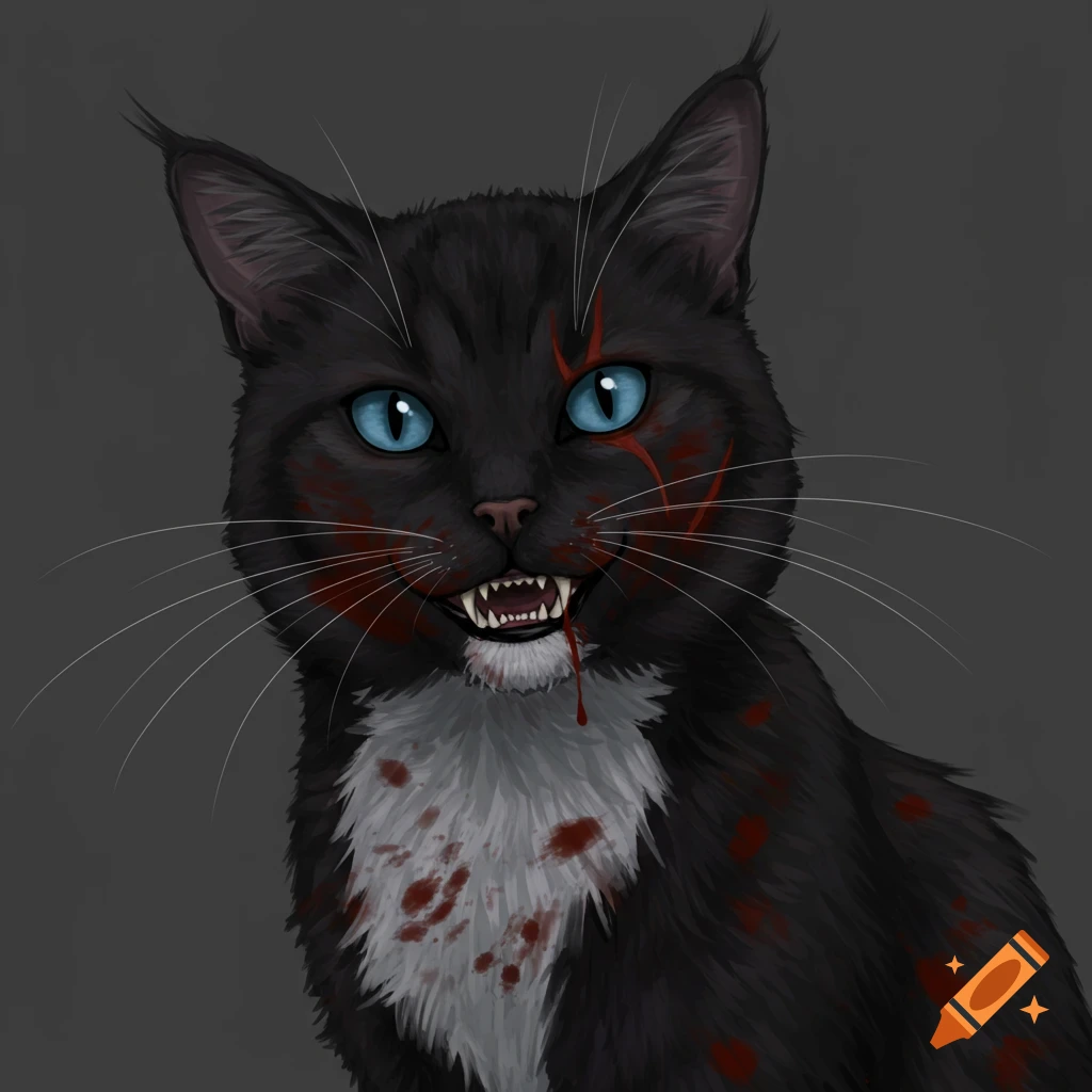 Black cat with blood-stained teeth and a scratch, illustration on Craiyon