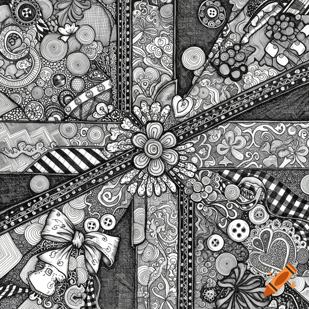 Whimsical abstract cross-hatched drawing with swirls and lace on Craiyon