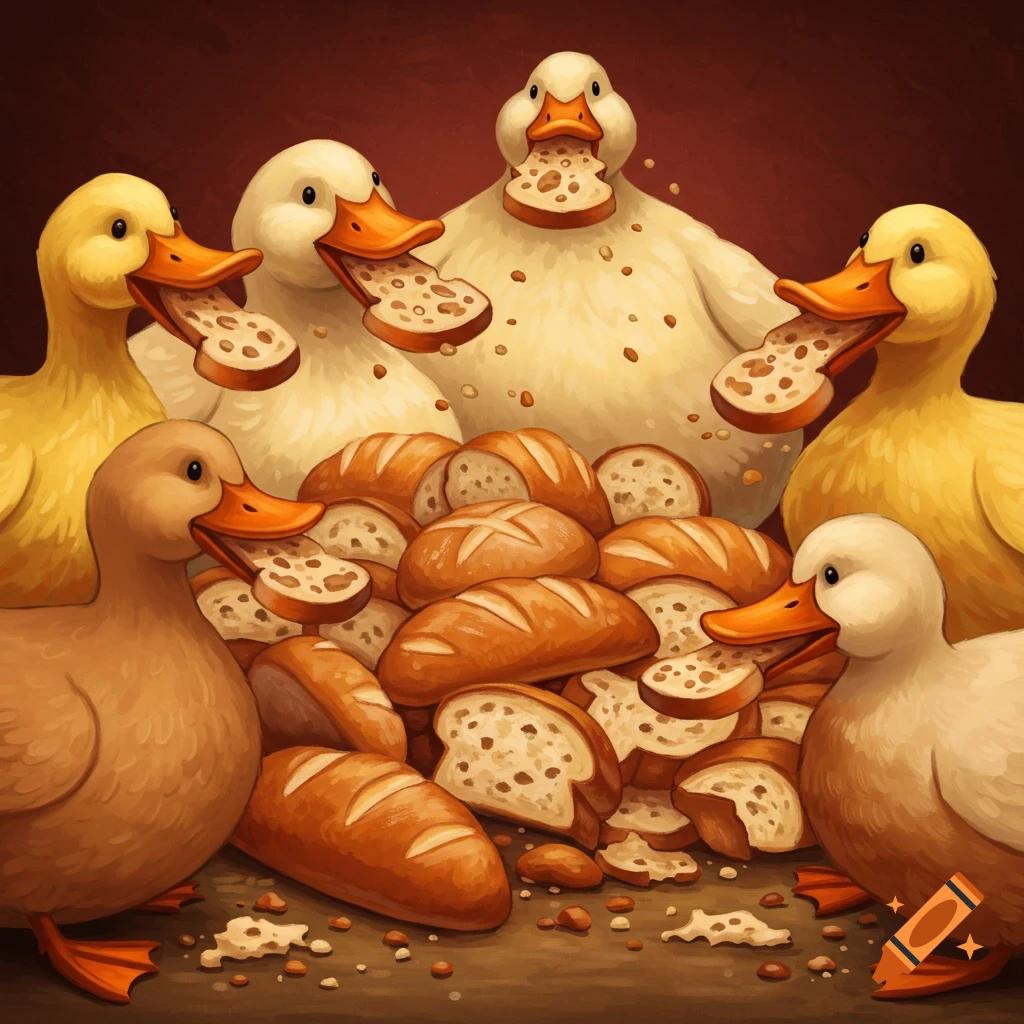 Fat ducks eating bread on Craiyon