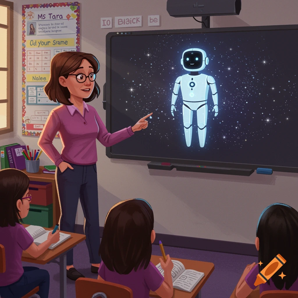 Illustration of a teacher showing a robot on a smartboard to students ...