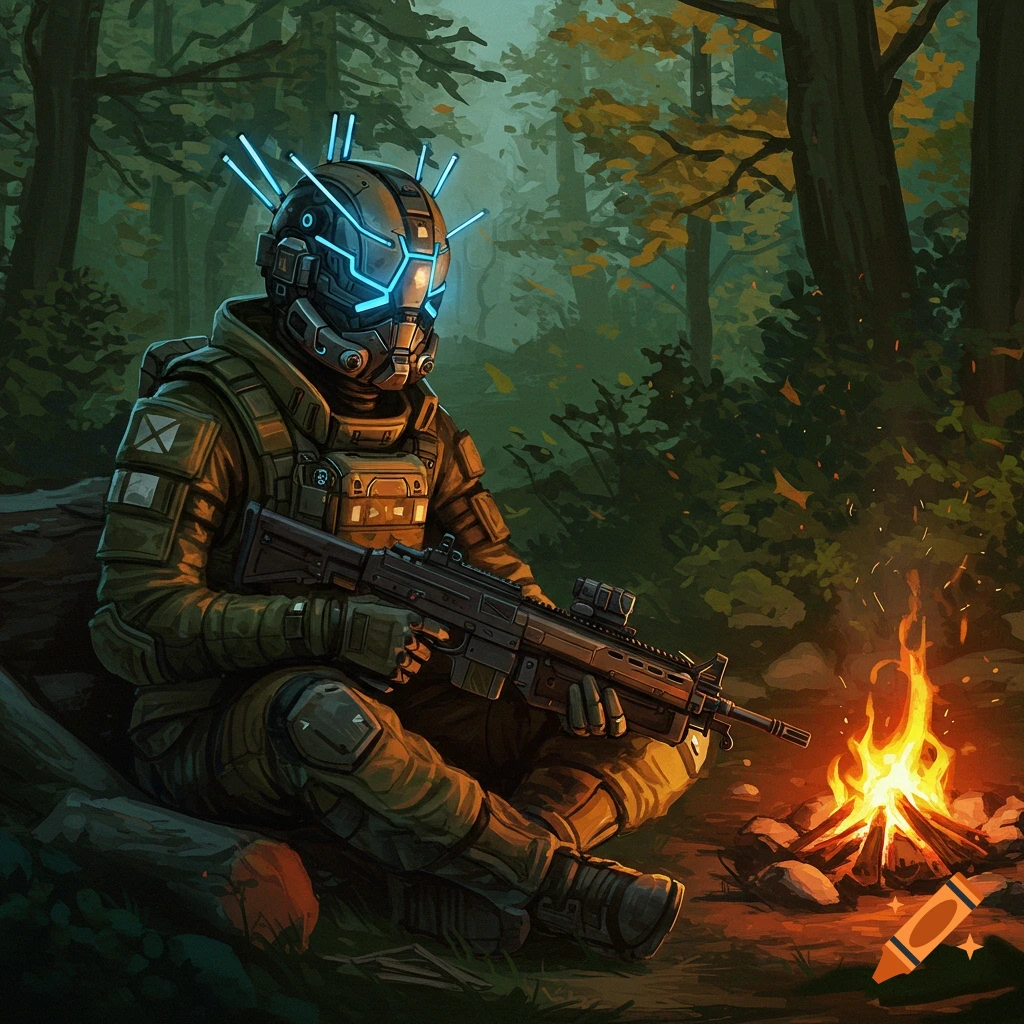 Titanfall 2 pilot by a fire in a forest on Craiyon