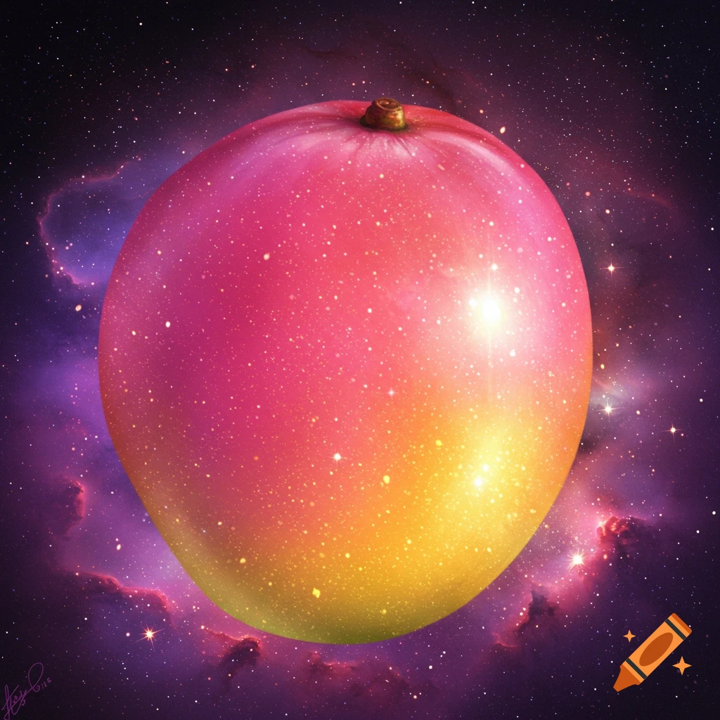 A glowing, colorful mango floats in a starry purple and pink galaxy. on ...