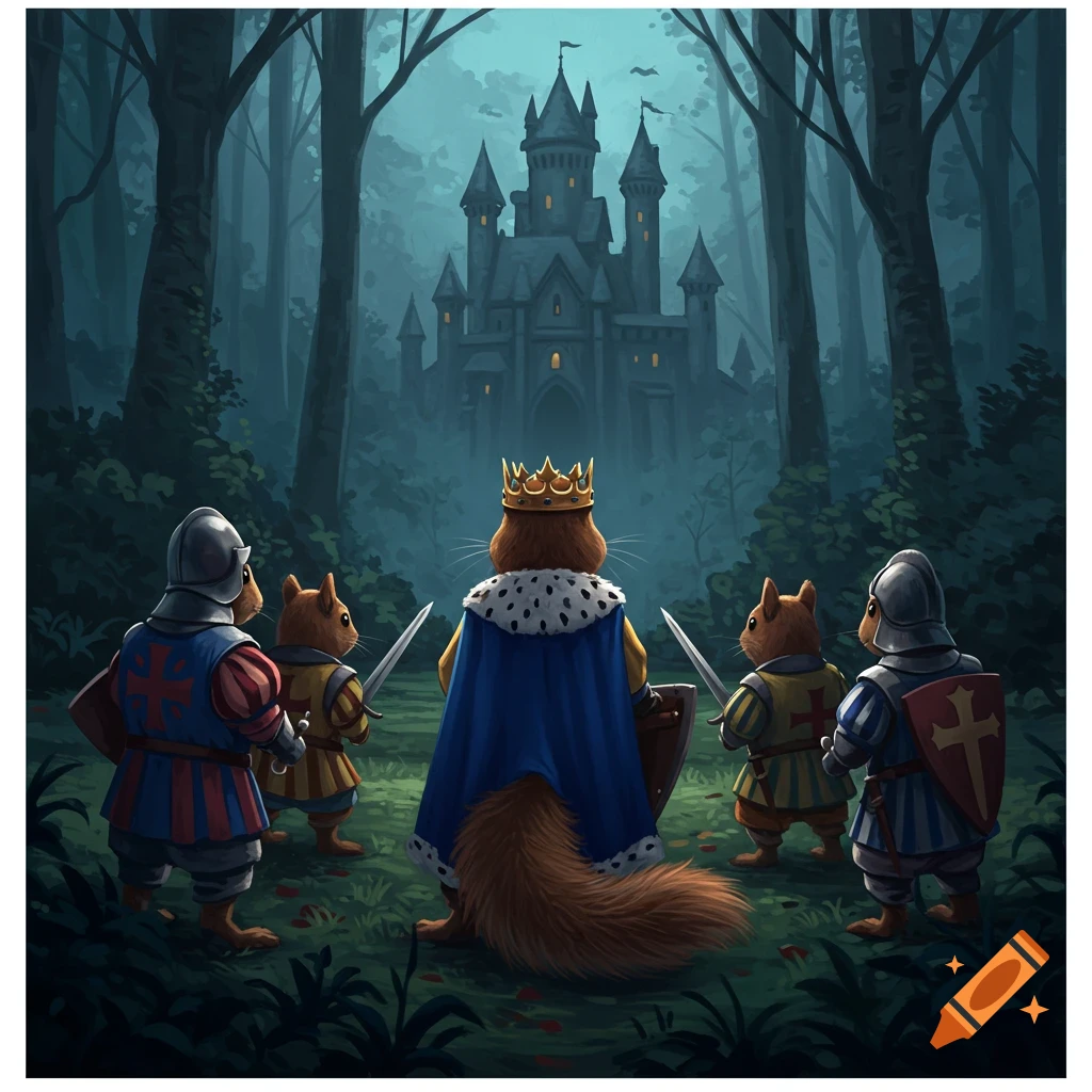 Squirrel king and soldiers look at a castle in a dark forest. on Craiyon