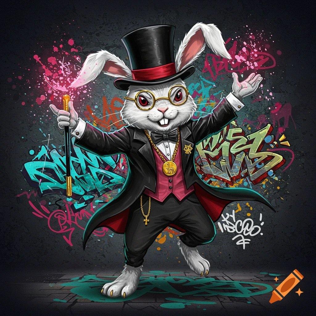 Trickster bunny magician in gangster rap graffiti style on Craiyon
