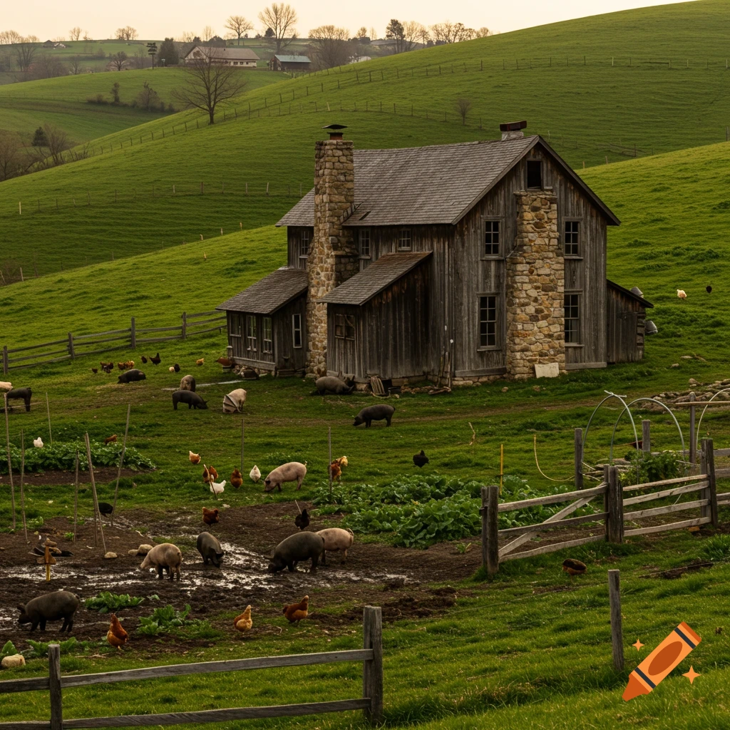 Rustic countryside house with livestock on Craiyon