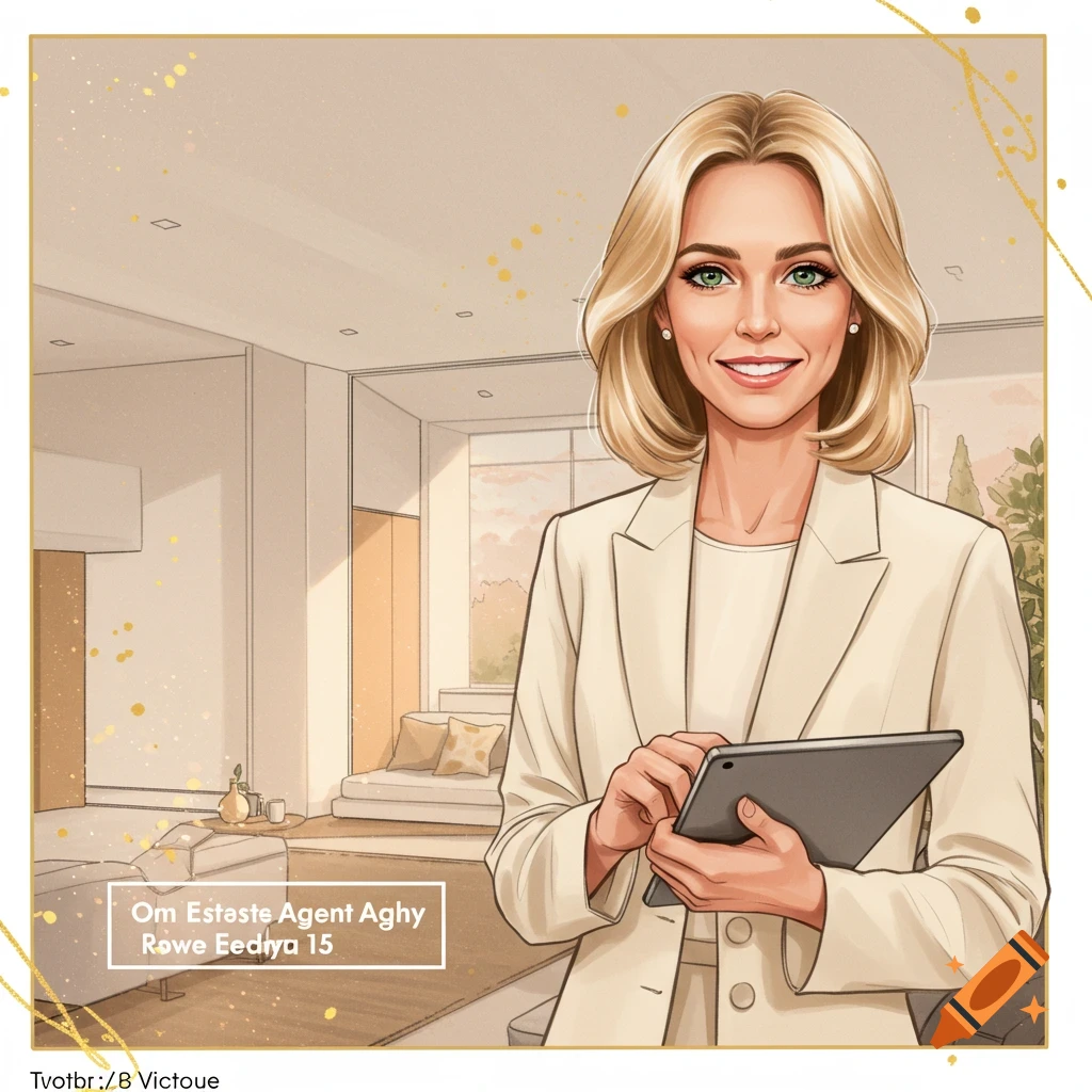 Stylized image of a blonde real estate agent holding a tablet in a ...