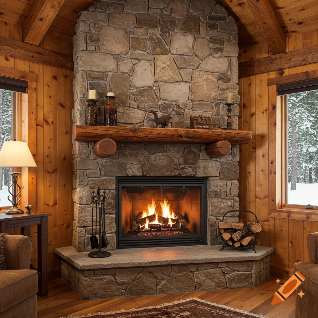 Rustic gas fireplace with wood surround and stone chimney on Craiyon