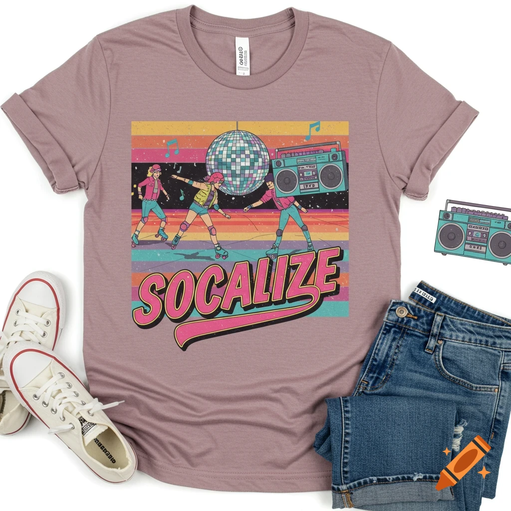 80s retro t-shirt design with roller rink, skaters, boombox, and neon ...