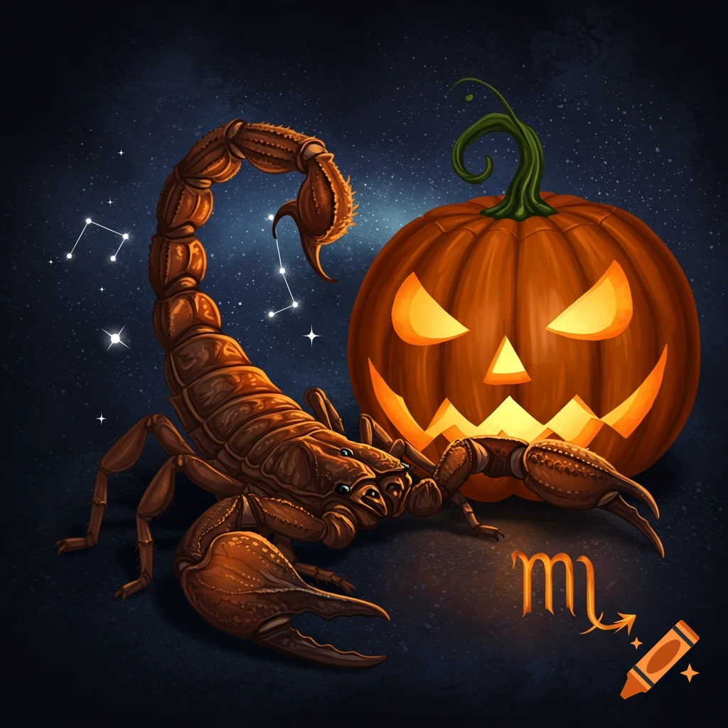 Scorpio symbol, scorpion emoji, and pumpkin emoji on Craiyon