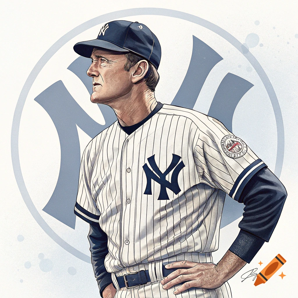 A stylized illustration of a baseball player in a Yankees uniform ...