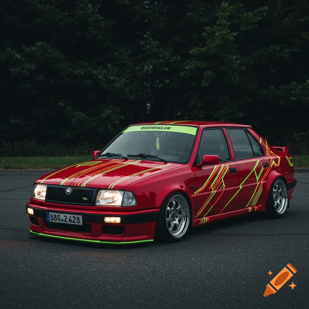 Tuned red Skoda 120 with custom paintwork and LED lighting on Craiyon